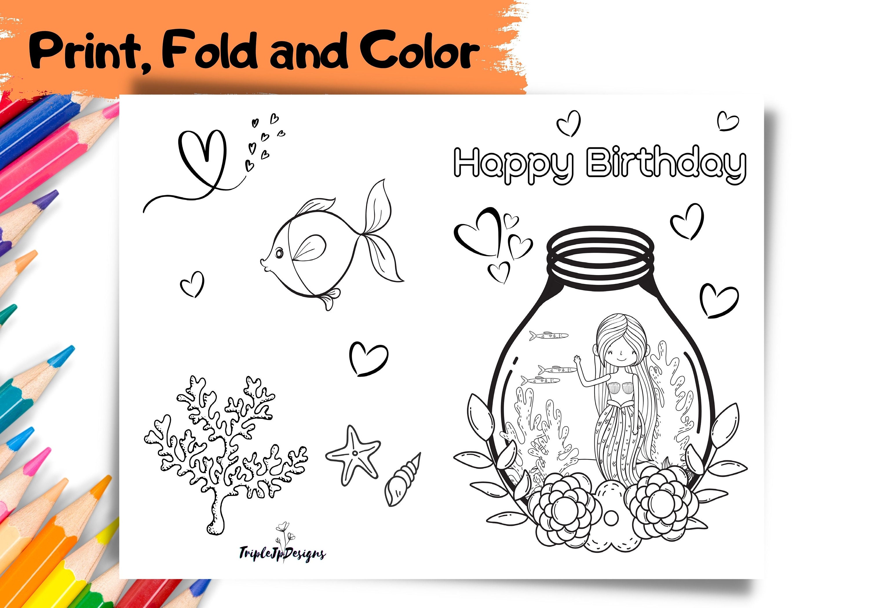 PRINTABLE Happy Birthday Mermaid Coloring Card | Color Your Own DIY ...
