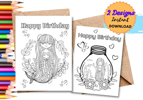 PRINTABLE Happy Birthday Mermaid Coloring Card Color Your - Etsy