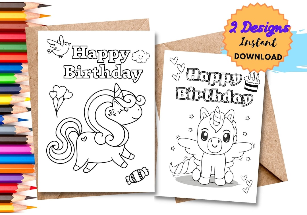 PRINTABLE Happy Birthday Unicorns Coloring Card | Color Your Own DIY ...