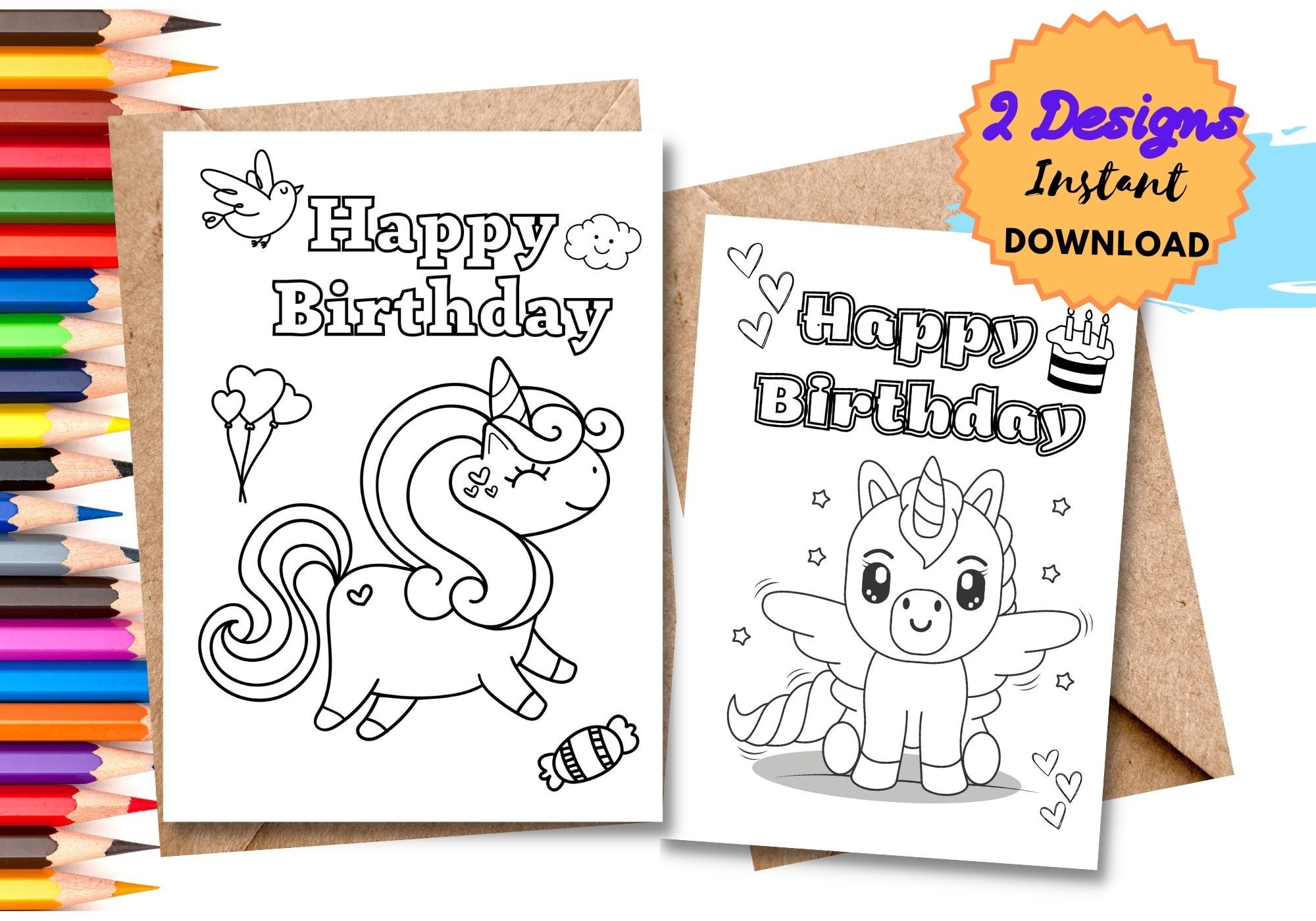 PRINTABLE Happy Birthday Unicorns Coloring Card | Color Your Own DIY ...