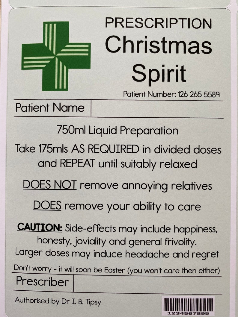 PRINTABLE Prescription Christmas Spirit Alcohol Label. - Etsy