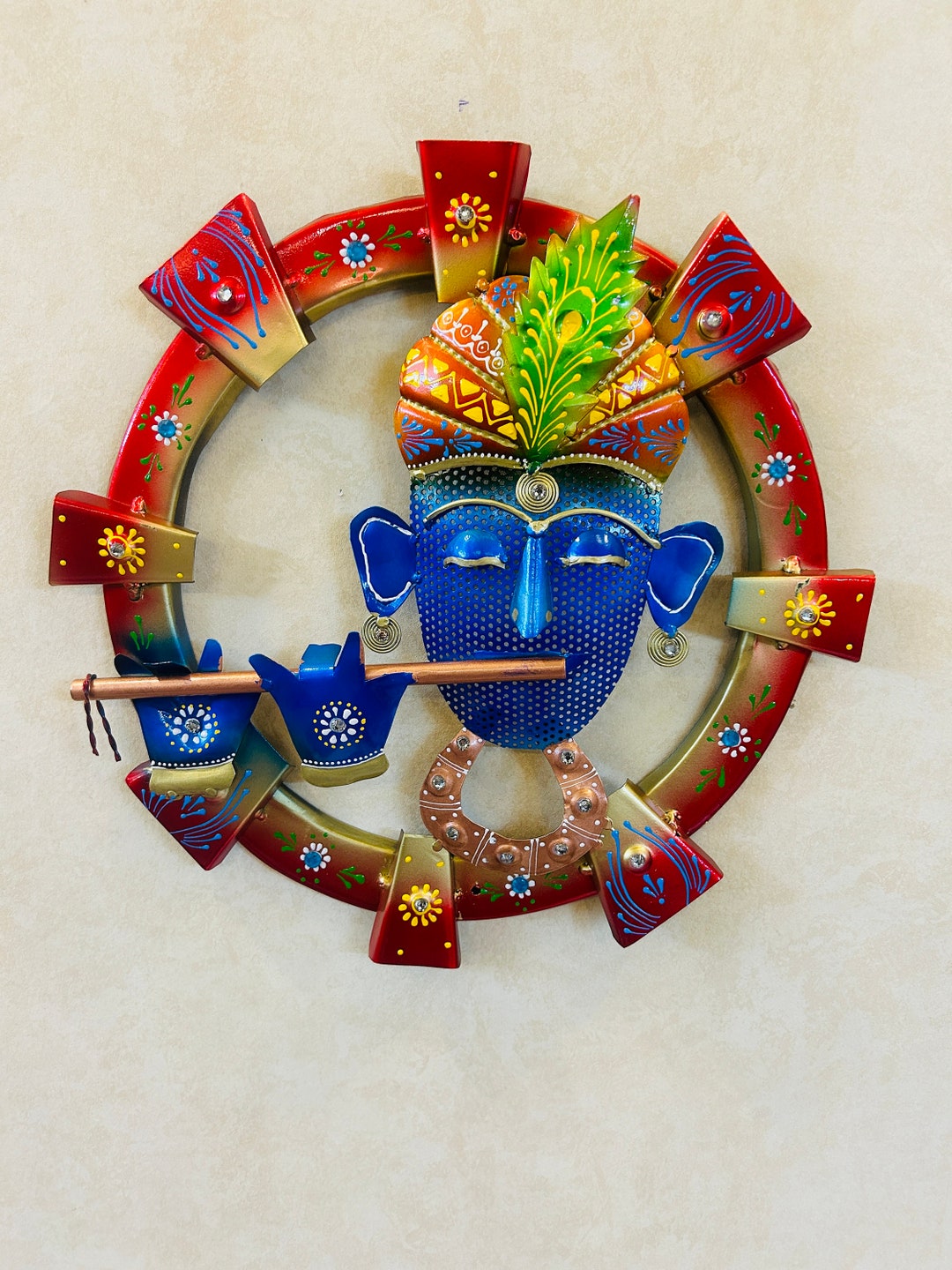 Shree Krishna With Flute Ring Wall Hanging Metal Wall Art, Wall Decor ...