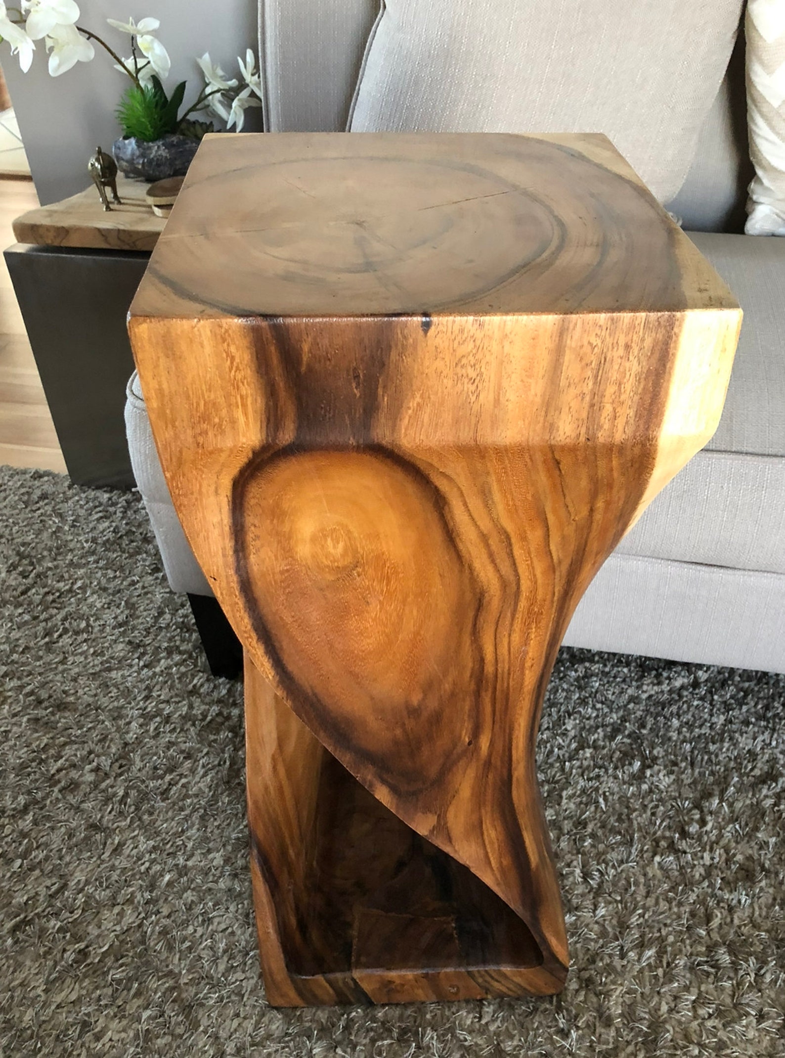 Teak Twist Pedestal Twisted End Table Teak Plant Stand Modern Furniture ...