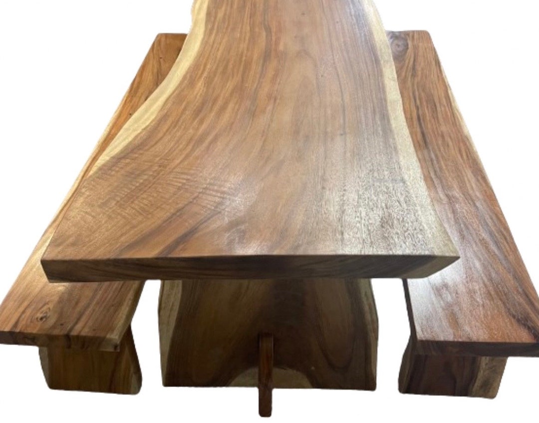 Teak Wood Live Edge Dining Table Bench Set Organic Furniture - Etsy