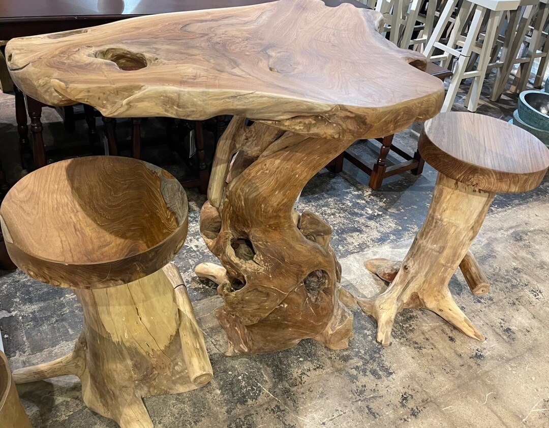 Teak Root Bar Table Bar Stool Set Live Edge Teak Driftwood Organic ...