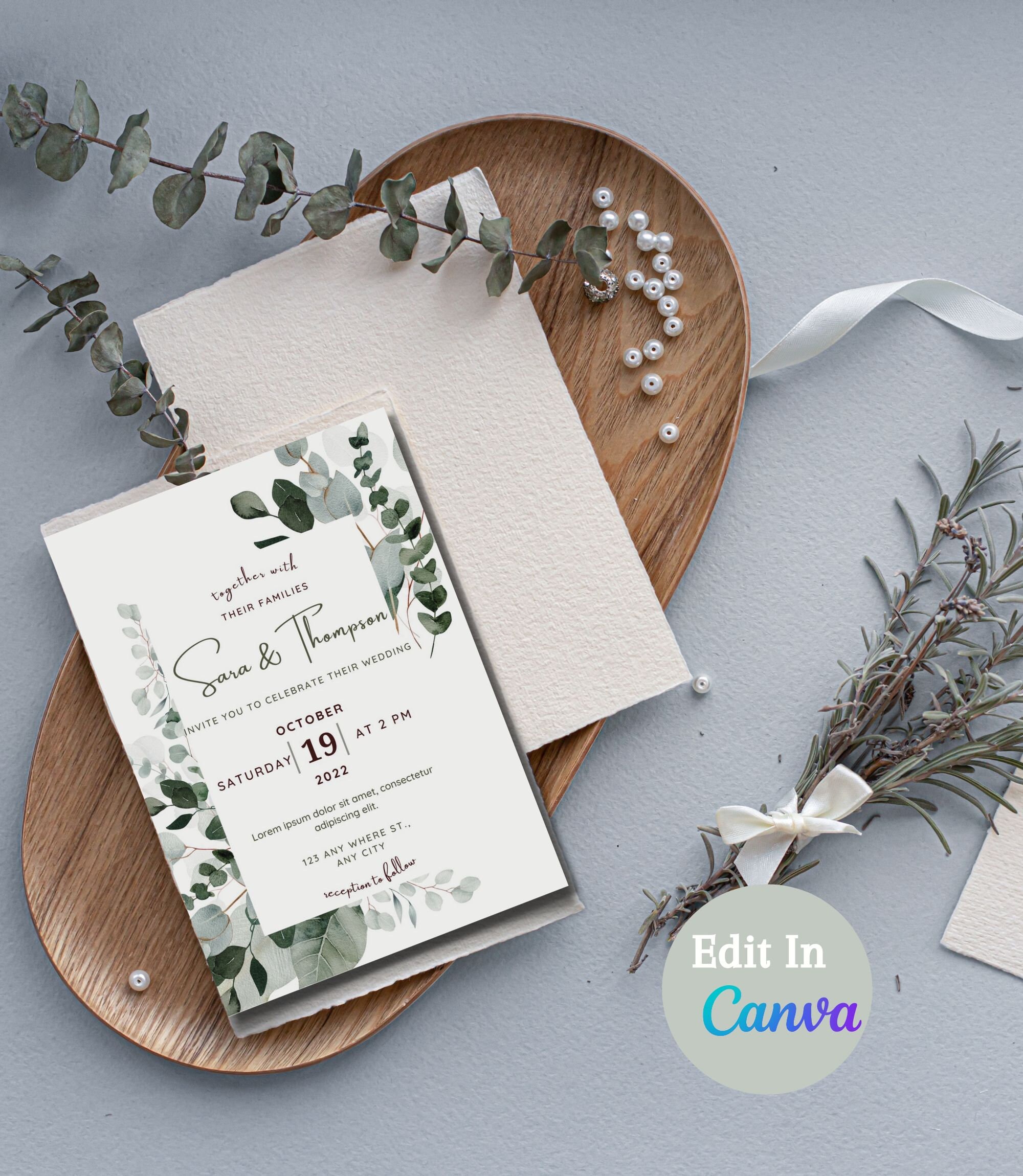Green Leave Wedding Invitation Templates, Editable Wedding Invites ...