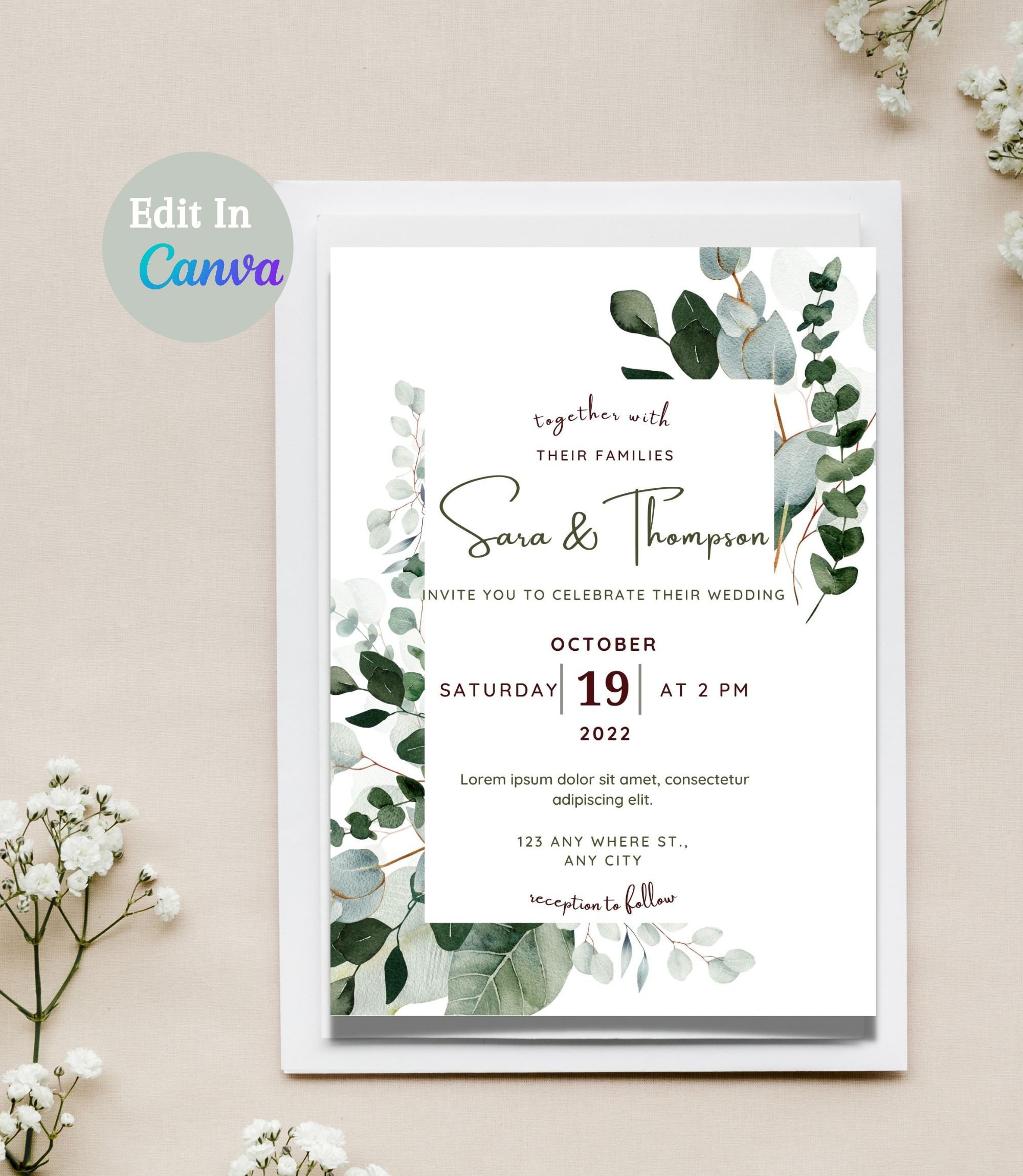 Green Leave Wedding Invitation Templates, Editable Wedding Invites ...
