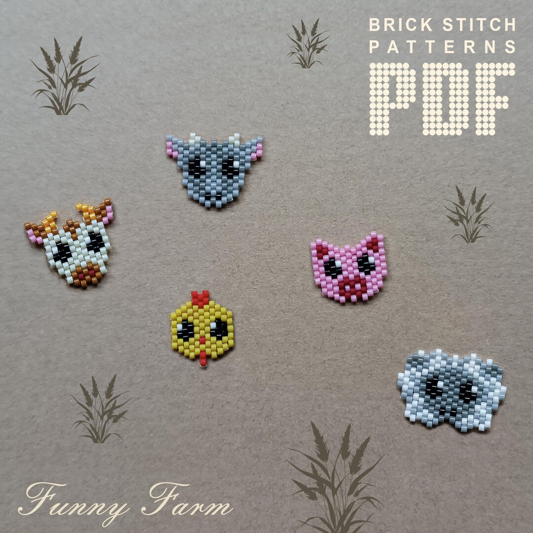 Brick Stitch Beading Pattern Set Funny Farm Beaded Cow Goat Chicken Pig ...