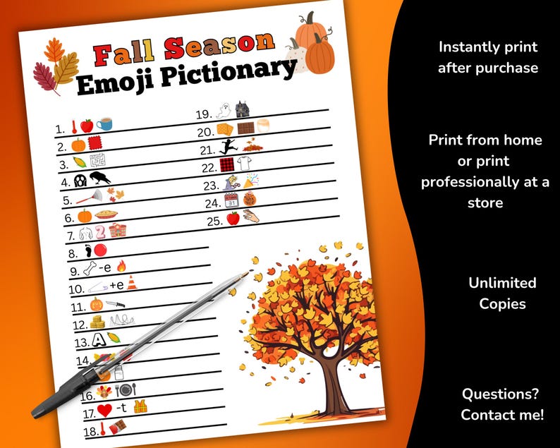 Fall Season Emoji Game, Printable Autumn Emoji Pictionary, Instant ...