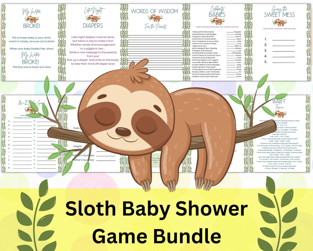 Printable Sloth Baby Shower Game Bundle Unisex for Boy or Girl, Baby ...