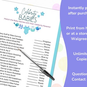 Boy Baby Shower Printable Celebrity Babies Game & Answer Key, Blue Baby ...