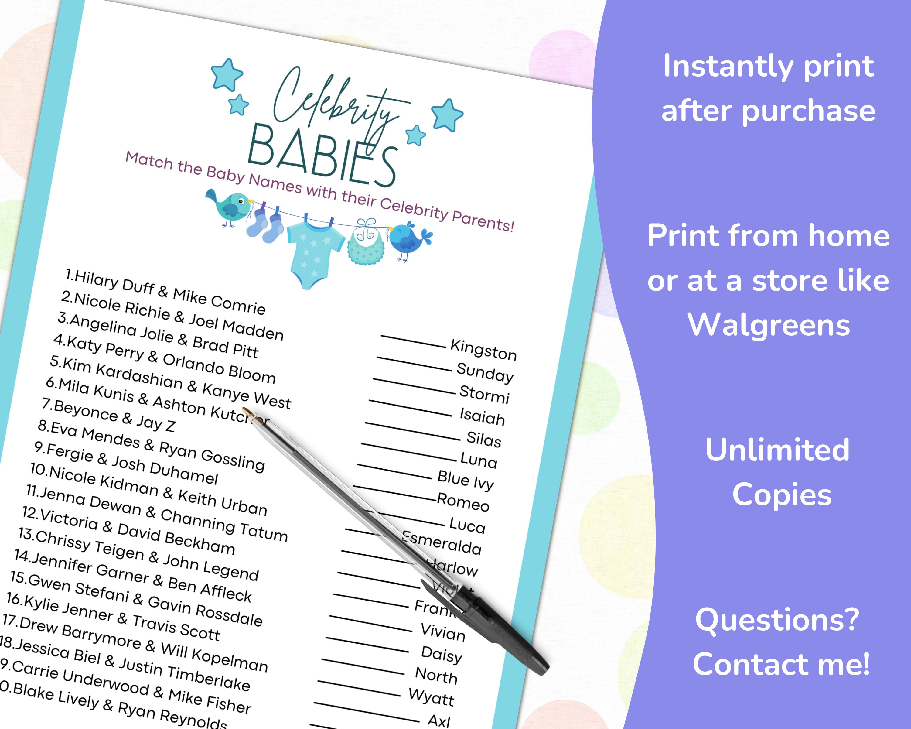 Boy Baby Shower Printable Celebrity Babies Game & Answer Key, Blue Baby ...