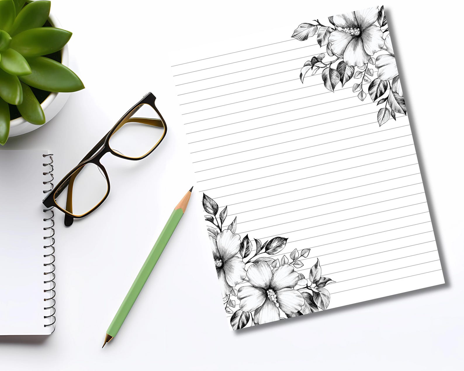 Printable Black & White Lined Floral Paper, Digital Download Stationary ...