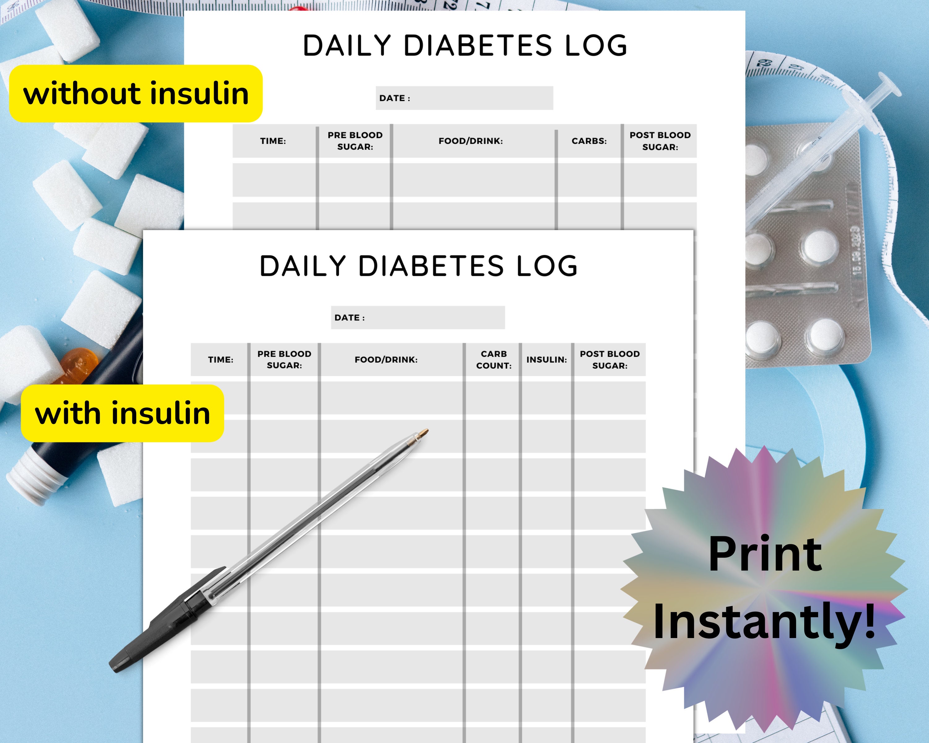 Daily Diabetes Log Tracker Planner for Blood Sugar, Carb Tracker, Type ...