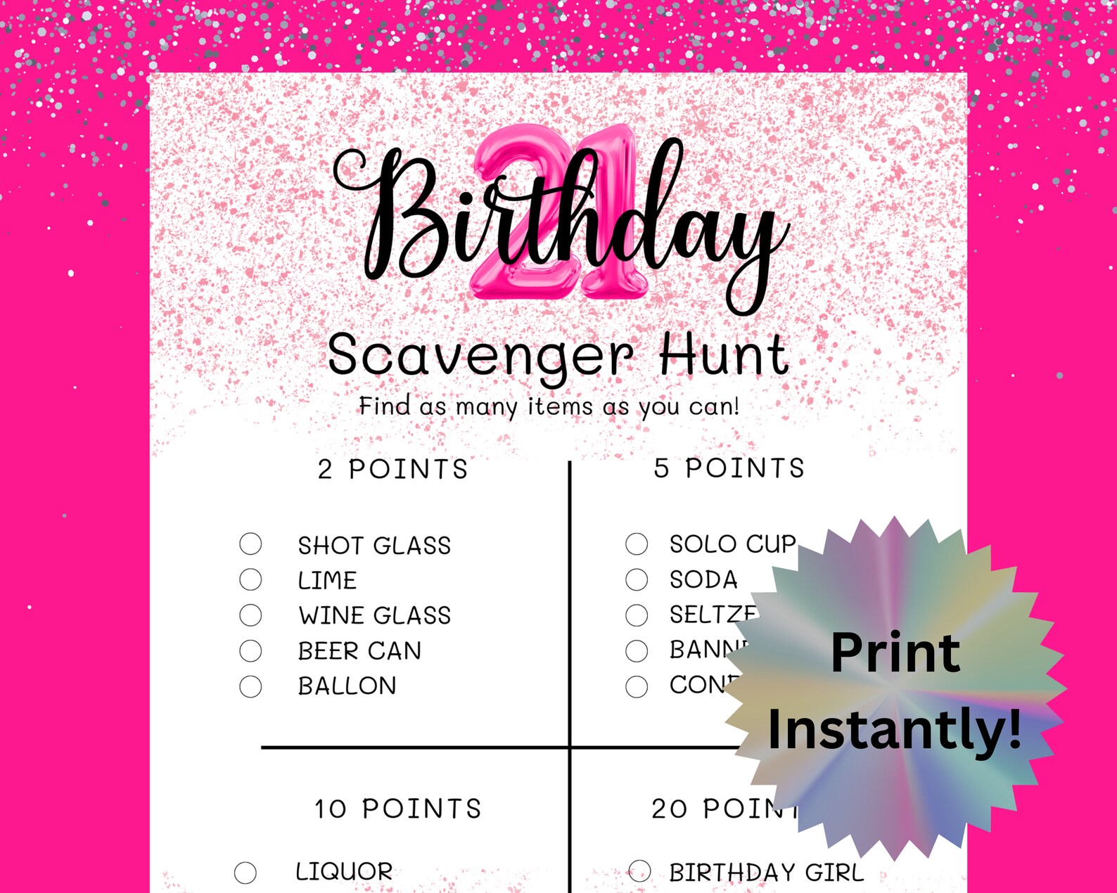 Printable 21st Birthday Scavenger Hunt Drunk Game, 21st Drinking Games ...