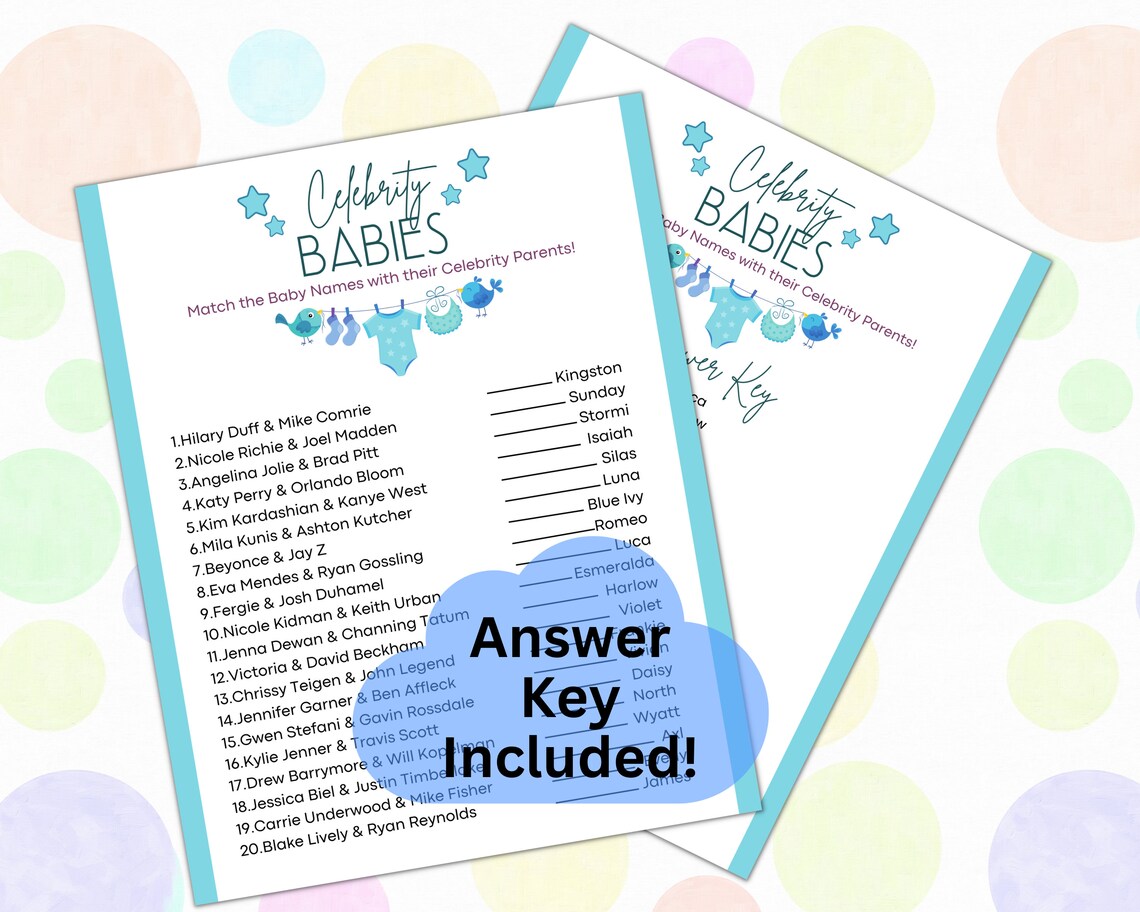 Boy Baby Shower Printable Celebrity Babies Game & Answer Key, Blue Baby ...