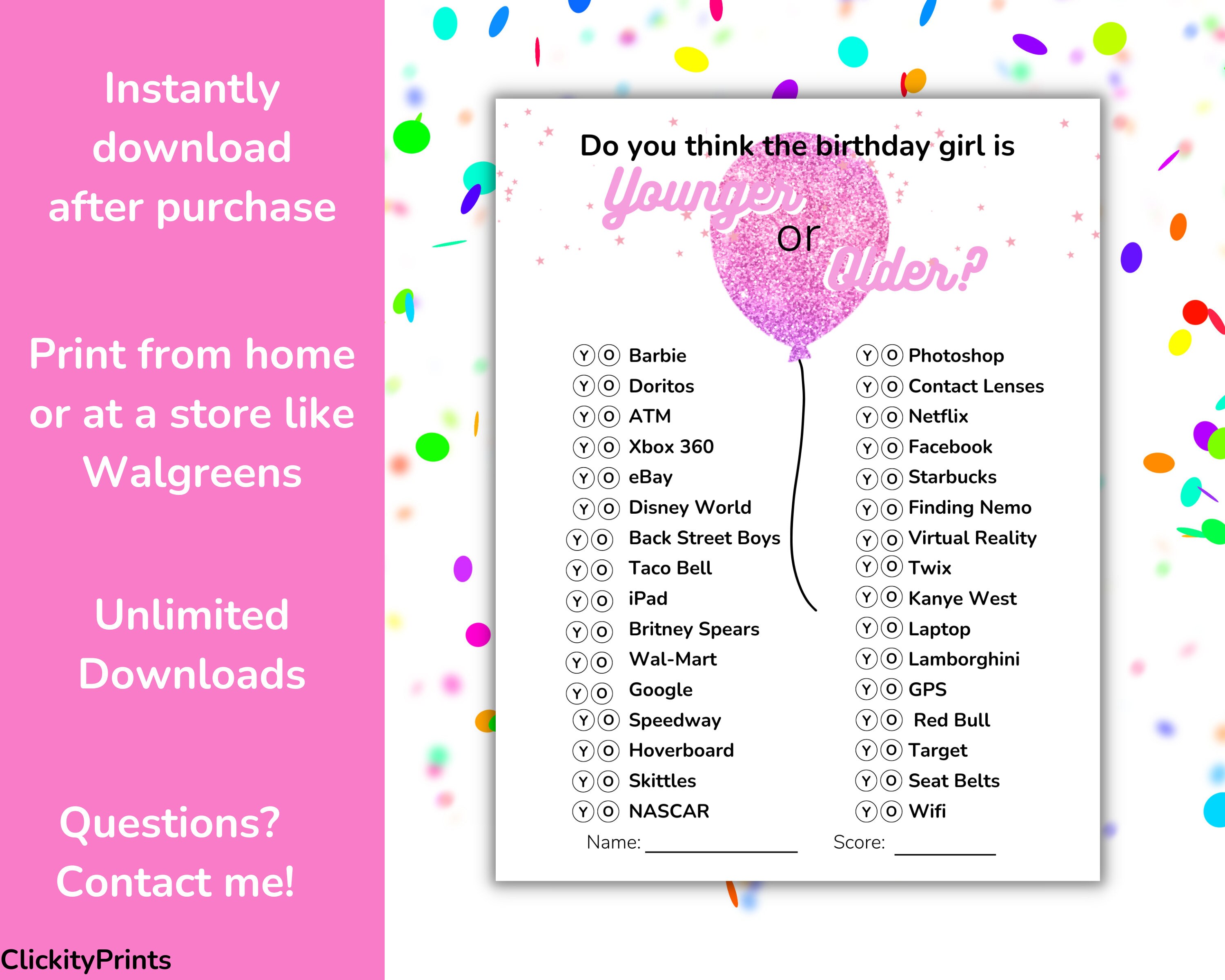 Age Birthday Game for Her, How Old is the Birthday Girl Game, Year You ...
