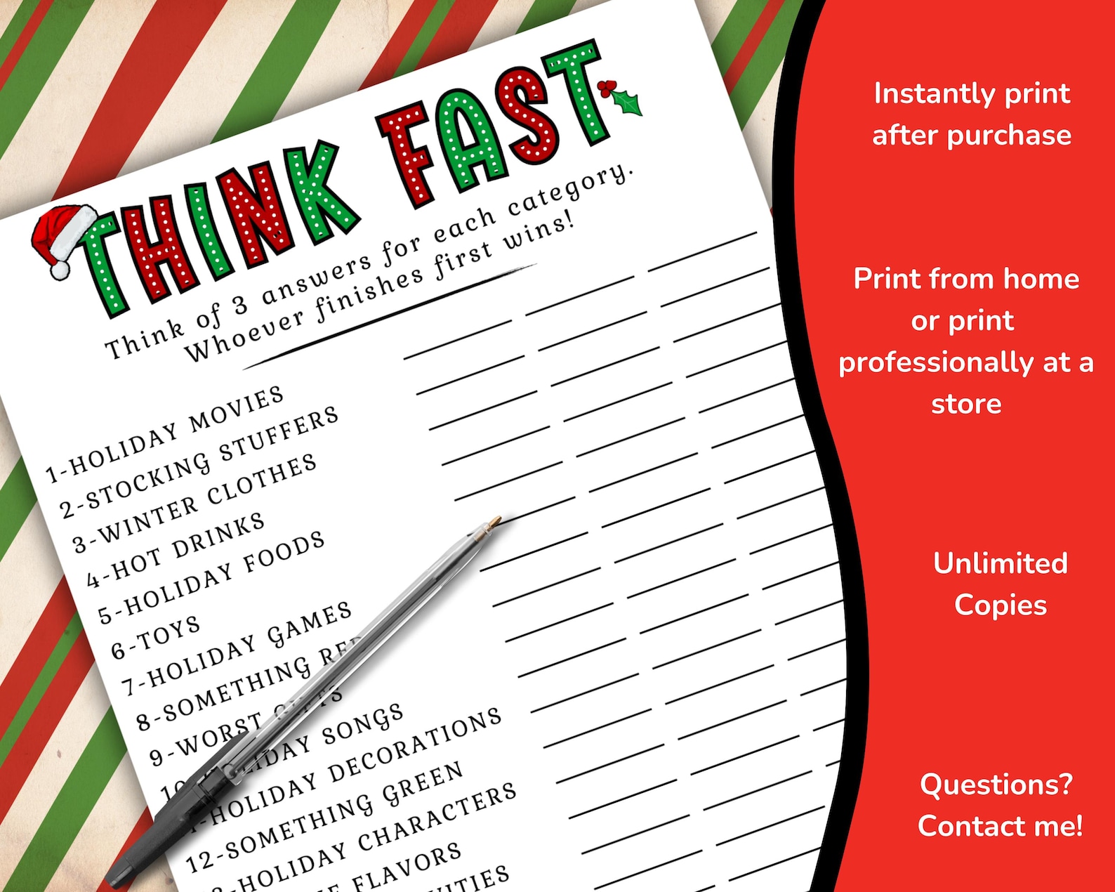 Think Fast Holiday Game for Work or School, Printable Christmas Think ...