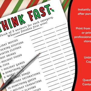 Think Fast Holiday Game for Work or School, Printable Christmas Think ...