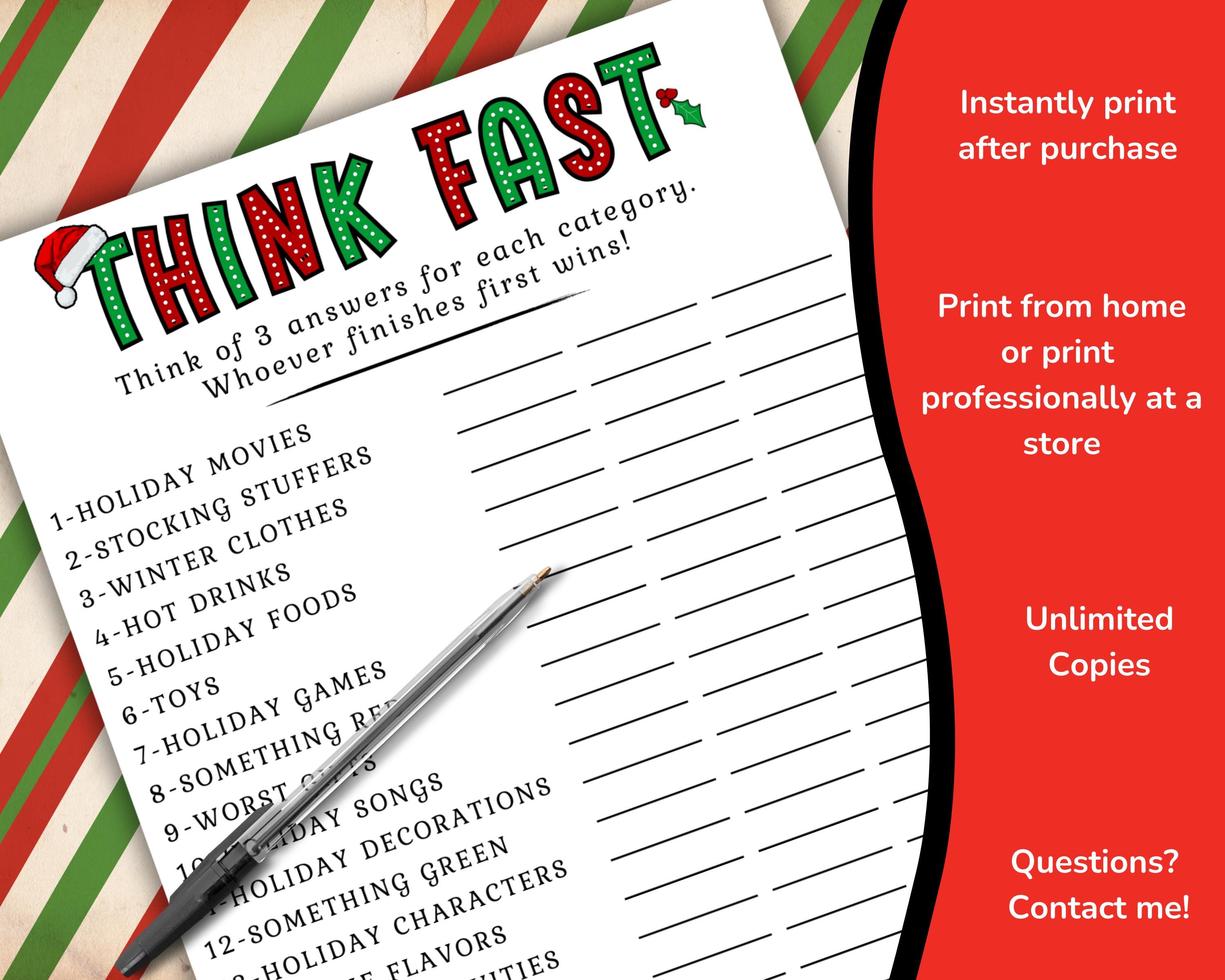 Think Fast Holiday Game for Work or School, Printable Christmas Think ...