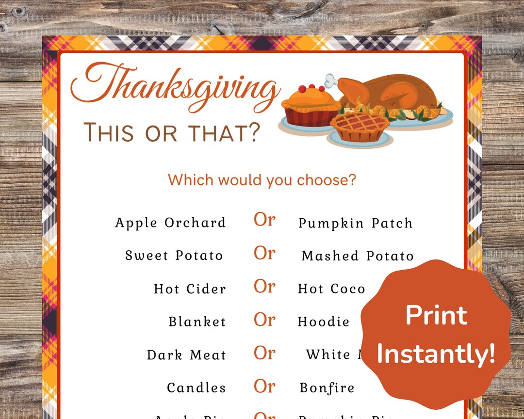 Thanksgiving Dinner Party This or That Game for Kids & Adults, Would ...