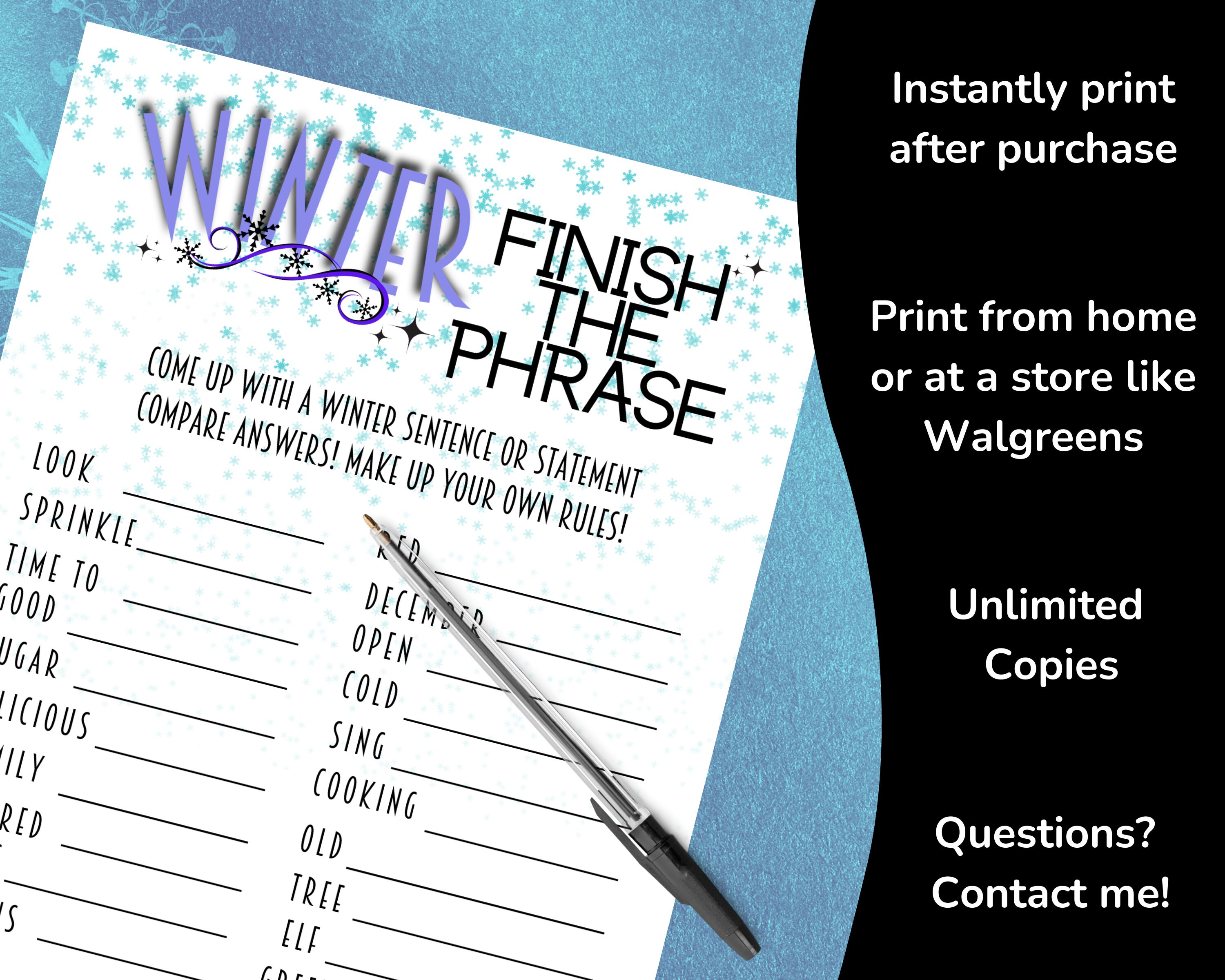 Printable Winter Finish the Phrase Game, Winter Game for Kids and ...