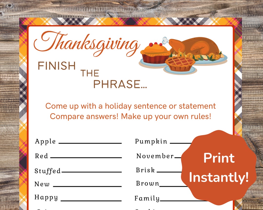 Thanksgiving Finish the Phrase Game, Dinner Party Activities ...
