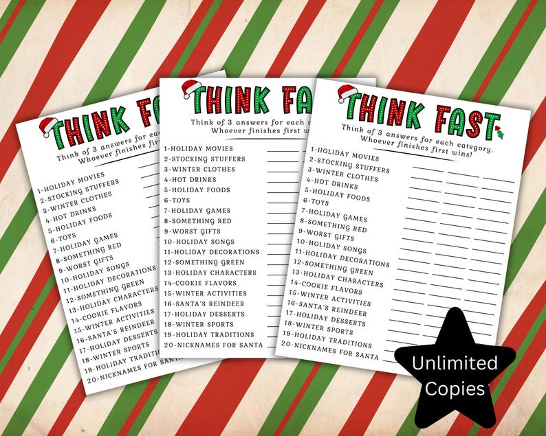 Think Fast Holiday Game for Work or School, Printable Christmas Think ...