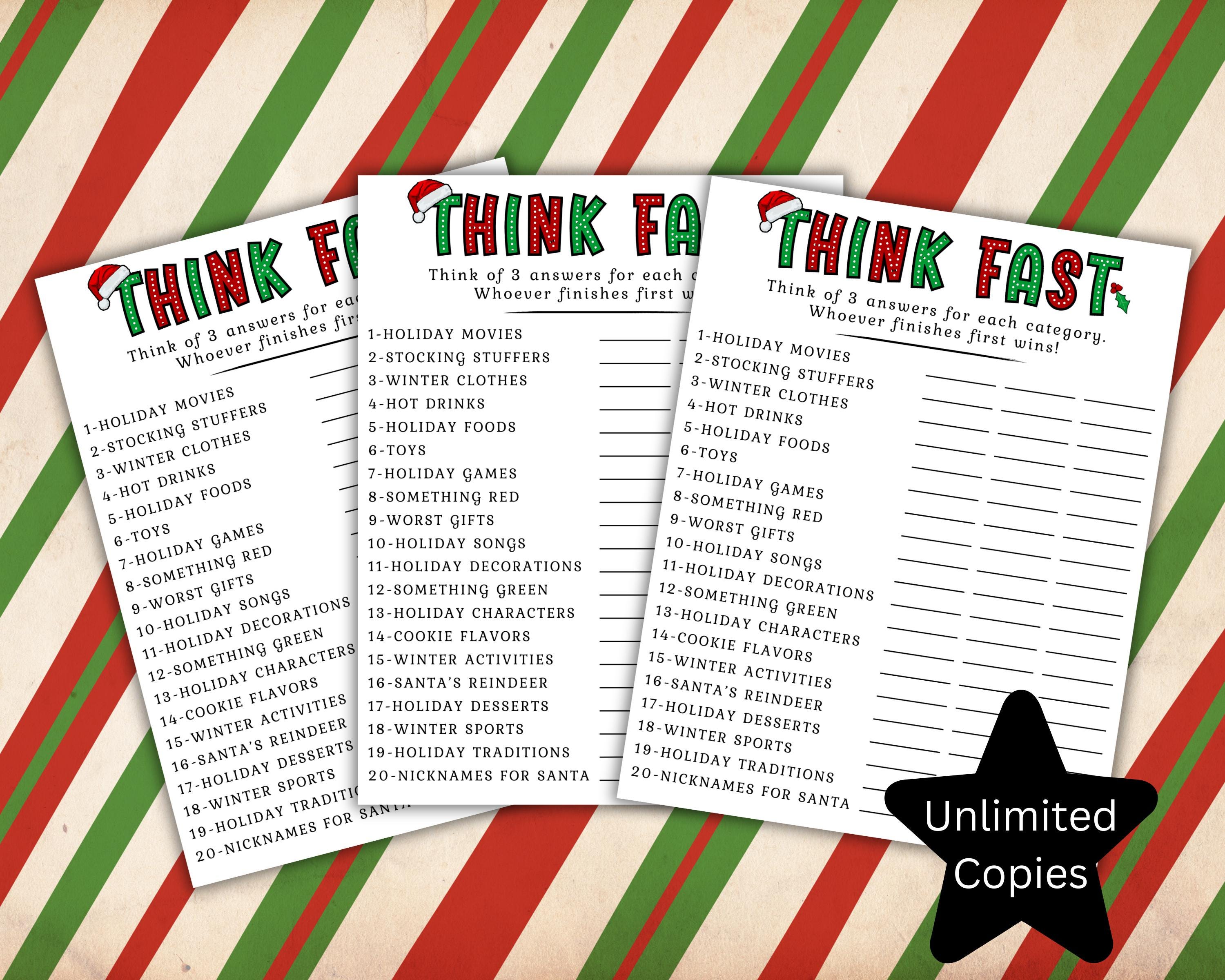 Think Fast Holiday Game for Work or School, Printable Christmas Think ...