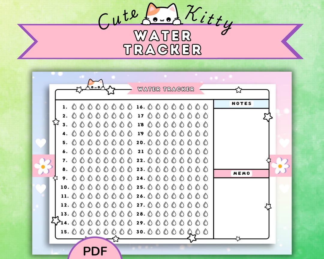 Kawaii Kitty Water Tracker, Printable Cute Hydration Tracker for Kids ...