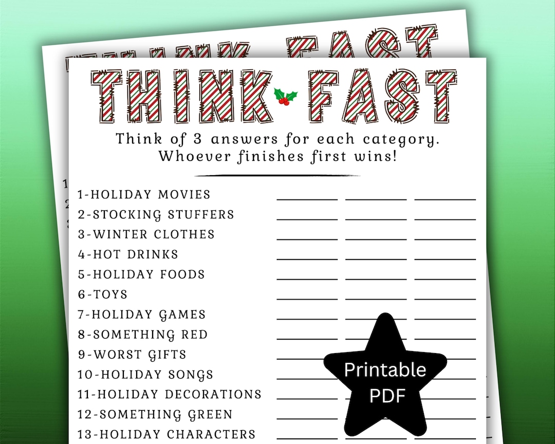 Think Fast Holiday Game for Work or School, Printable Christmas Think ...