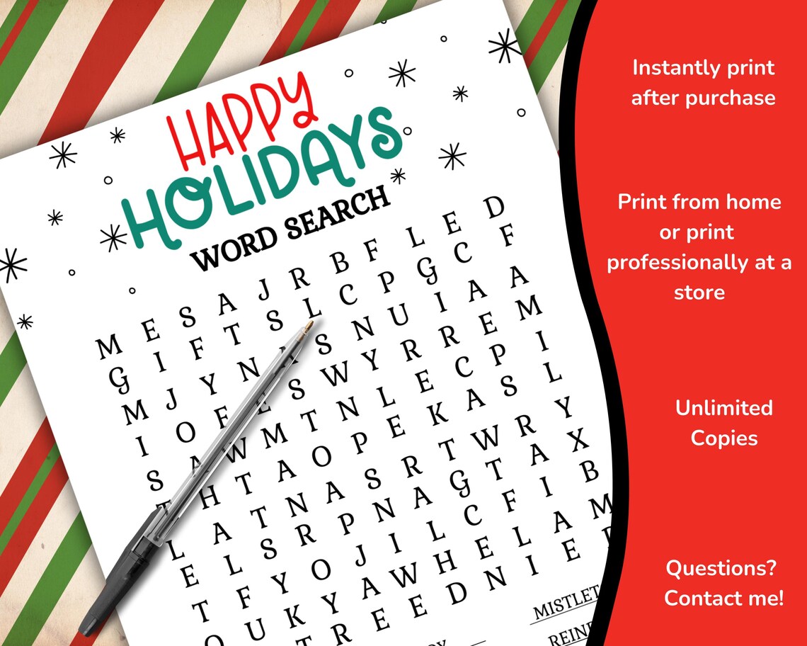 Word Search Holiday Activity for School or Work, Printable Christmas ...