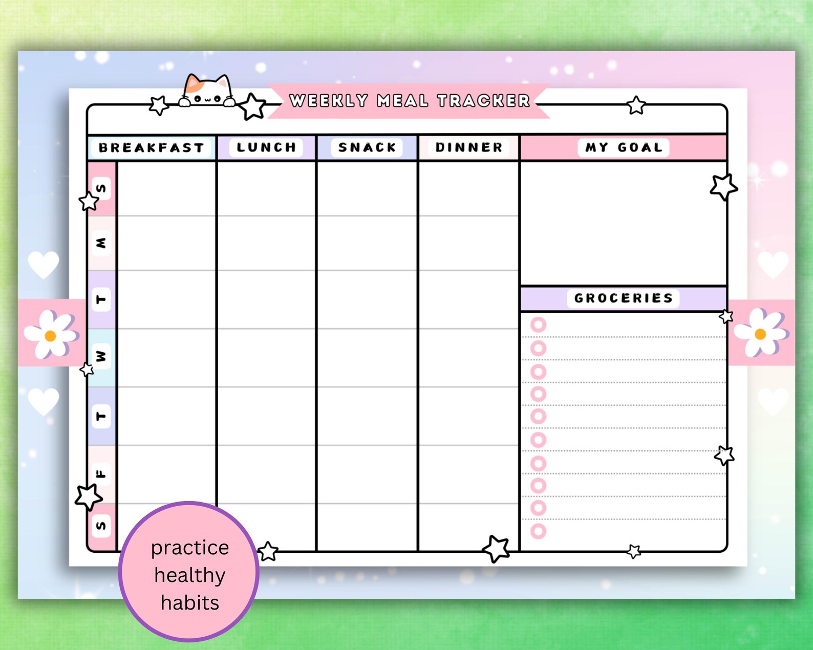 Printable Cute Kitty Meal Tracker, Digital Download Weekly Food Log ...