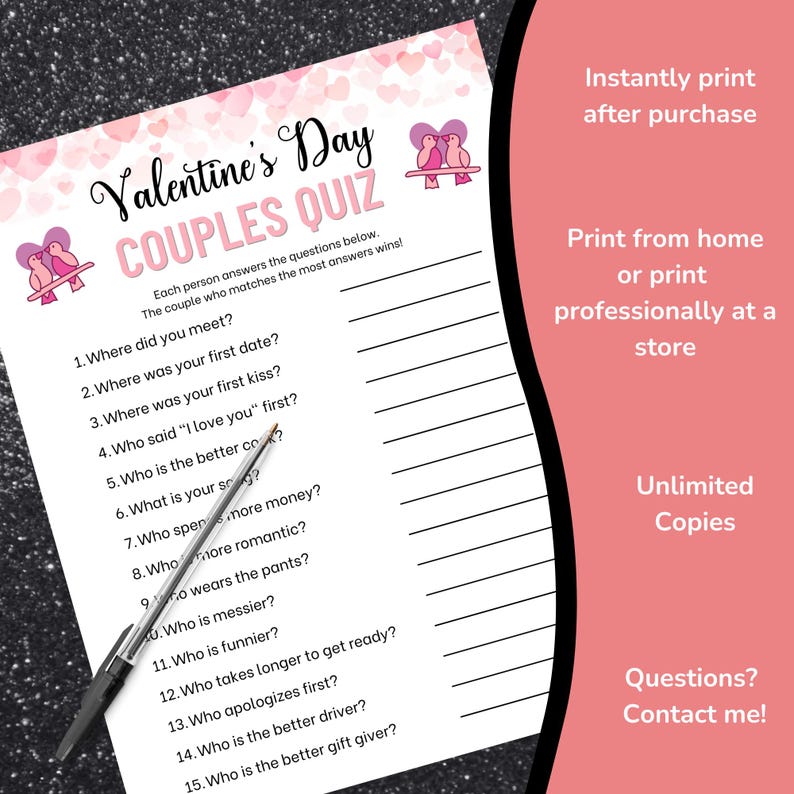 Couple's Quiz Game Instant Download, Printable Test for Valentine's Day ...