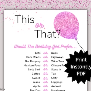 Birthday Party This or That Game, Pink Glitter Girly Party Game, Would ...