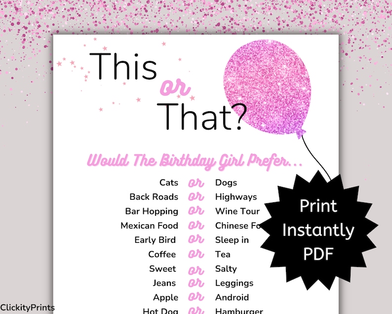 Birthday Party This or That Game, Pink Glitter Girly Party Game, Would ...