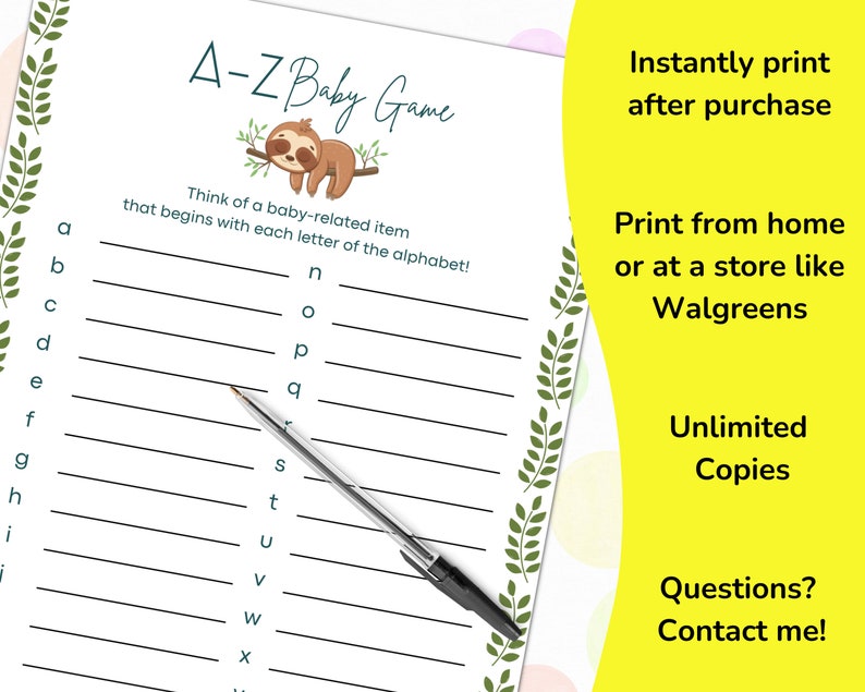 Printable Sloth Baby Shower ABC Alphabet Game Unisex for Boy or Girl ...