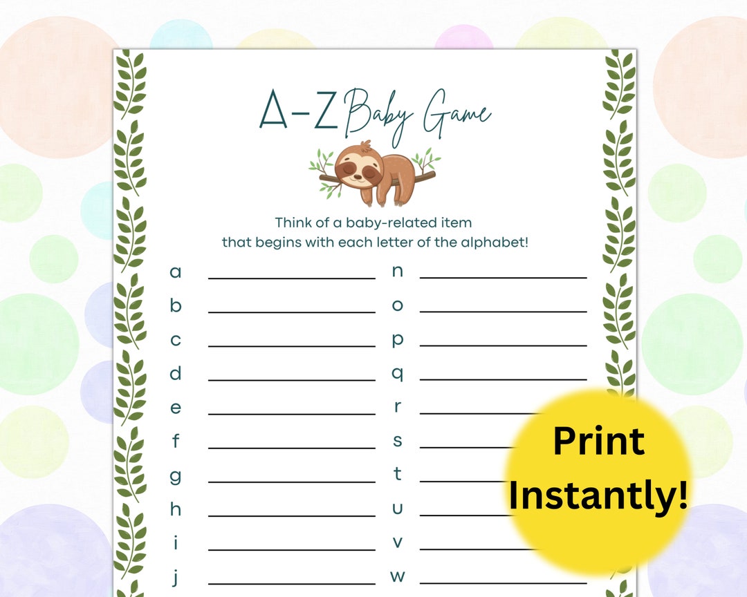 Printable Sloth Baby Shower ABC Alphabet Game Unisex for Boy or Girl ...