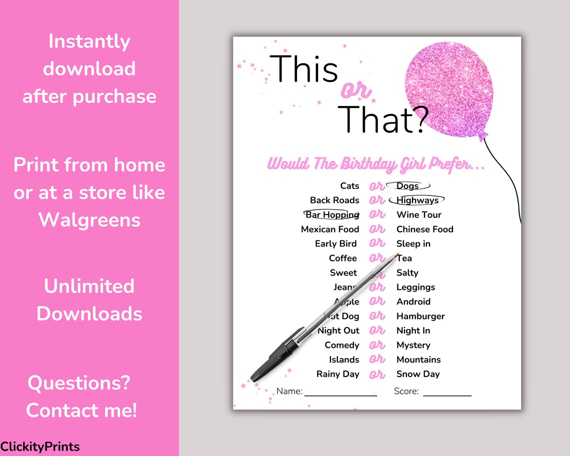 Birthday Party This or That Game, Pink Glitter Girly Party Game, Would ...