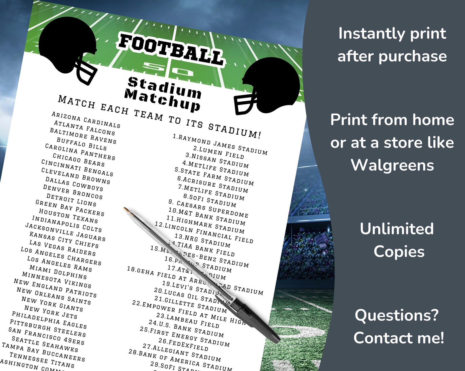 Football Bowl Stadium Matchup Quiz, Game Day Activities, Football Party ...