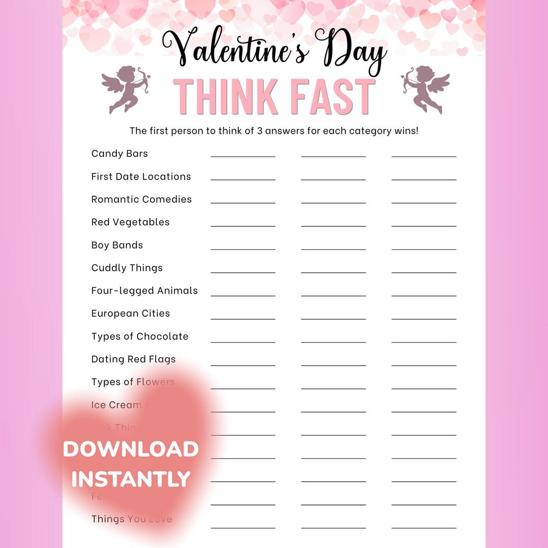 Think Fast Valentine's Day Game Instant Download, Printable Valentine ...