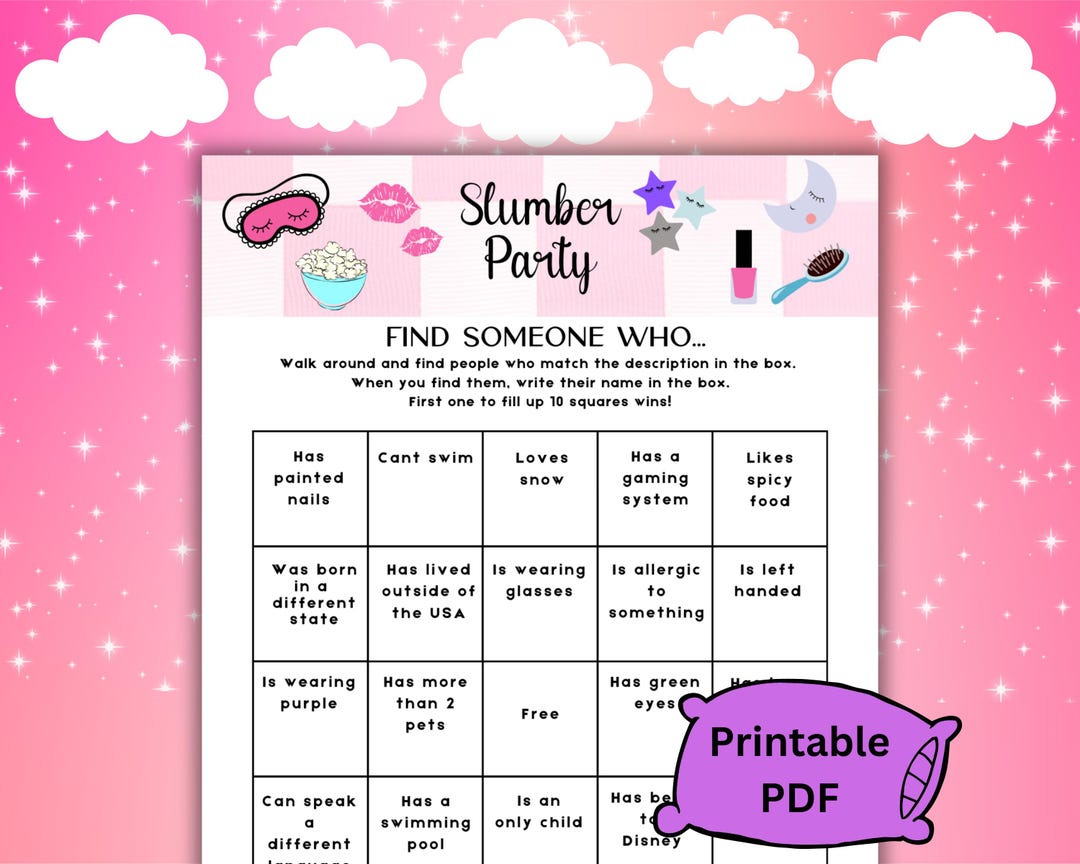 Printable Slumber Party Sleepover Find Someone Bingo for Girls Teens ...