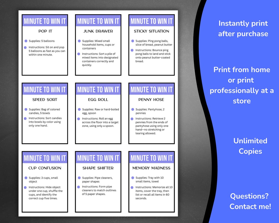 Minute to Win It Party Game, Over 50 Quick 1 Minute Games for Team ...