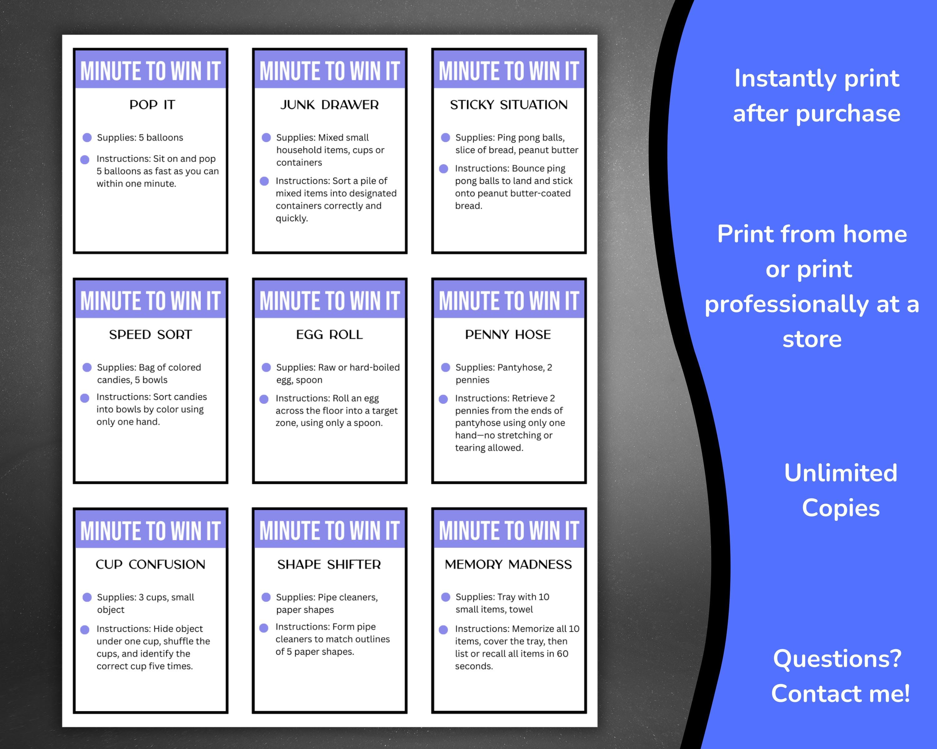 Minute to Win It Party Game, Over 50 Quick 1 Minute Games for Team ...