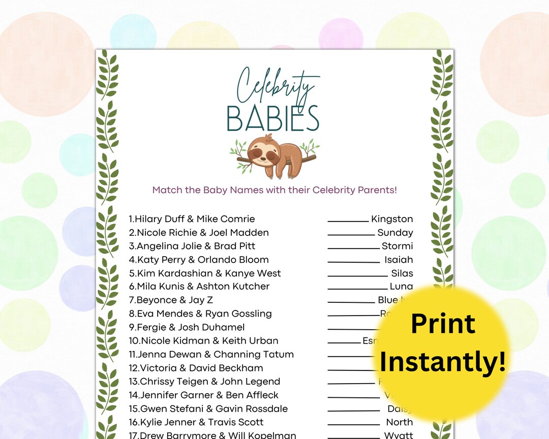 Printable Sloth Baby Shower Celebrity Babies Game and Answer Key Unisex ...