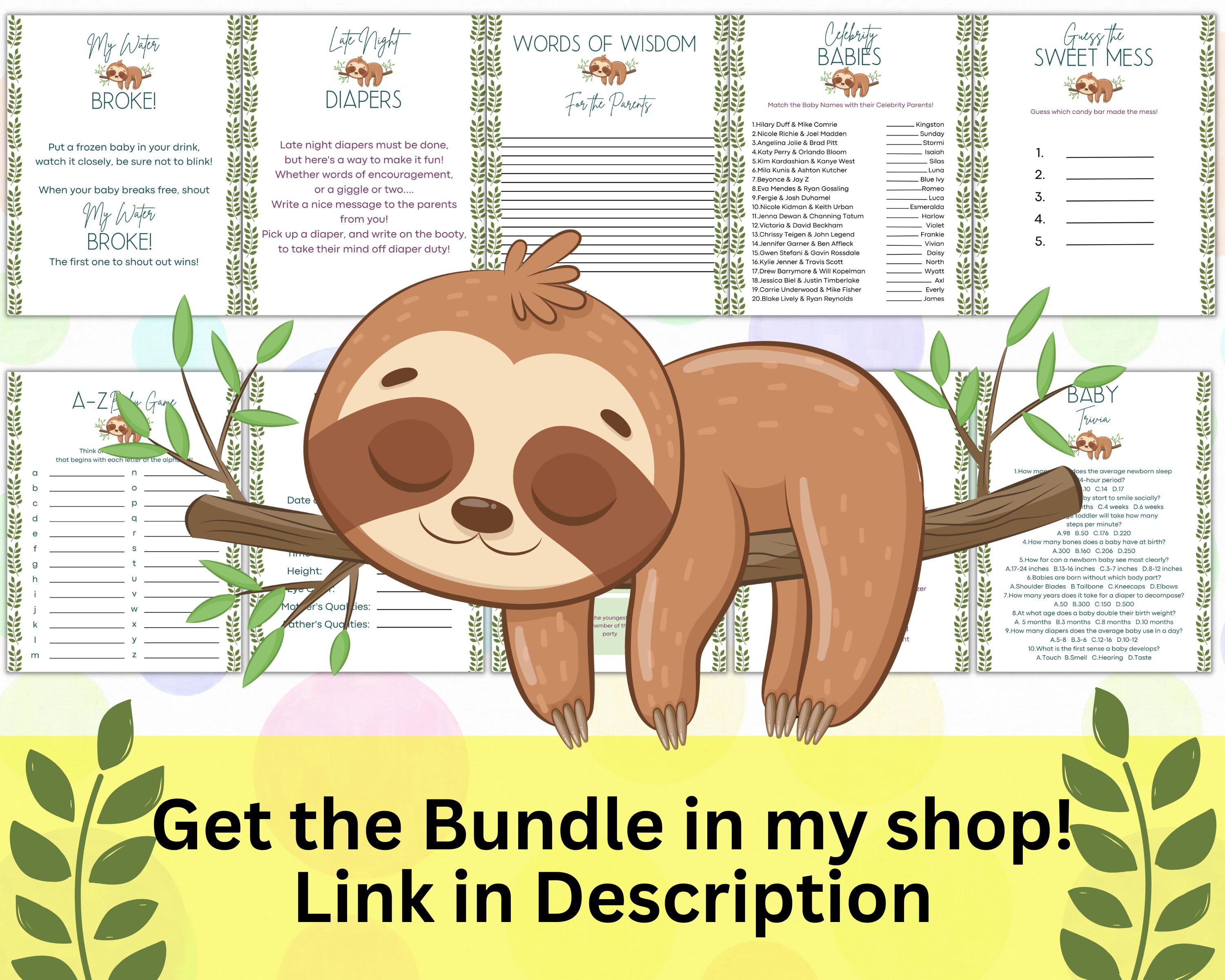 Printable Sloth Baby Shower ABC Alphabet Game Unisex for Boy or Girl ...