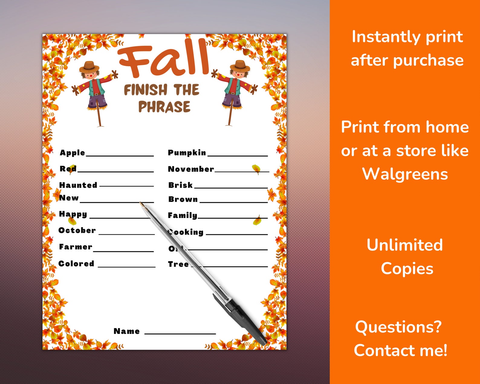 Fall Finish the Phrase Game, Printable or Virtual Game for Adults Kids ...
