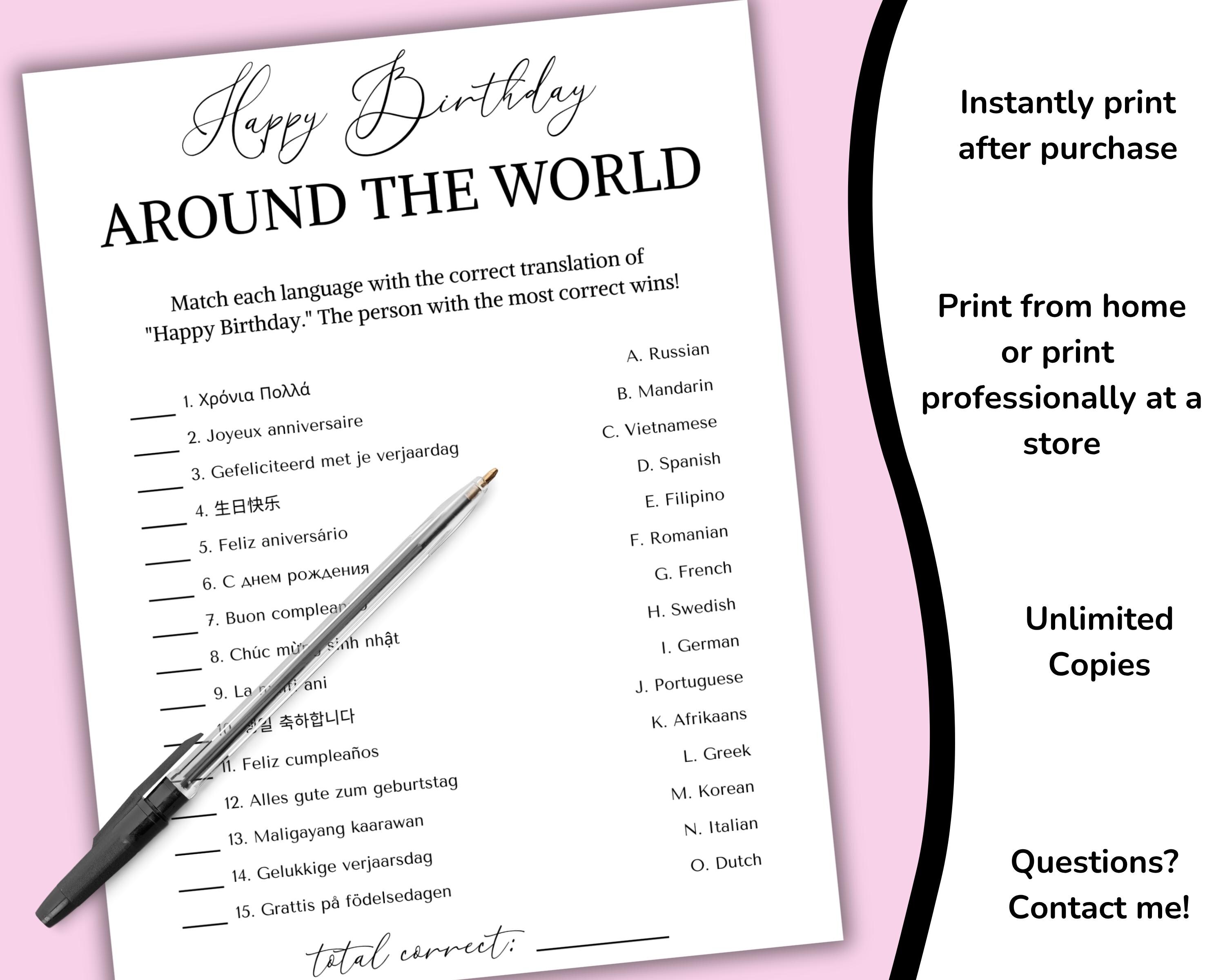 Happy Birthday Around the World, Printable Birthday Party Quiz ...