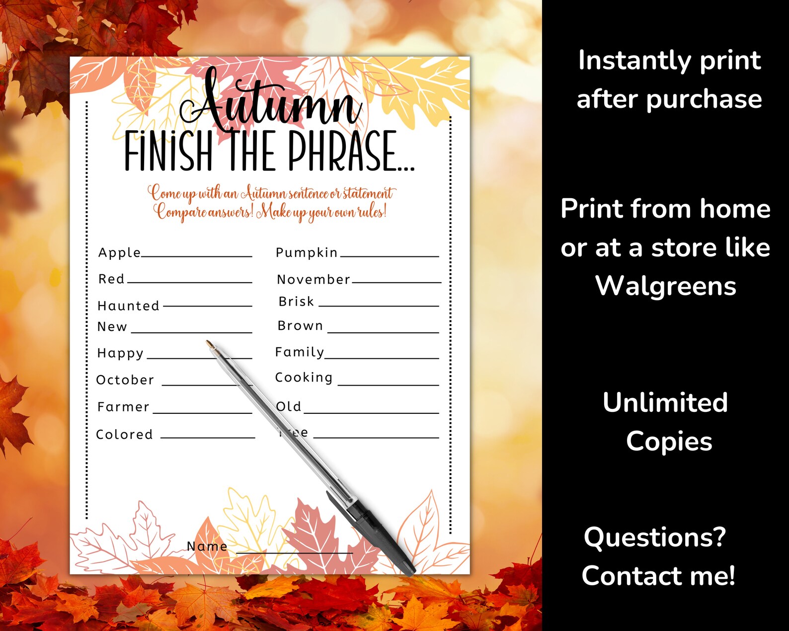 Finish the Phrase Game, Fall Games, Autumn Party Games, Trivia, Family ...