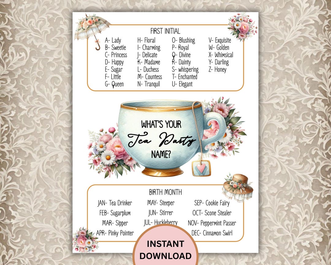 What's Your Tea Party Name, Printable Tea Time Activity, Tea Party Name ...
